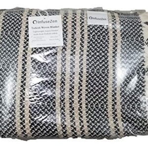 InfuseZen Turkish Throw Blanket Made from 100% Turkish Cotton, Large Lightweight Handwoven Sofa Throw, Partial Bed Cover or Loveseat Blanket (Black with Beige Stripes)