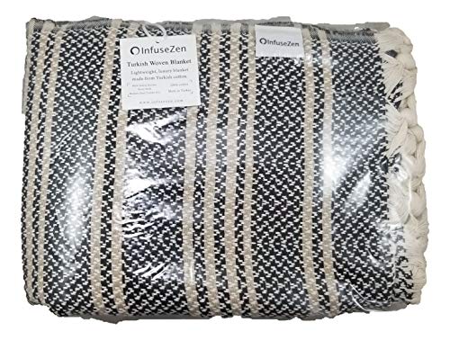 InfuseZen Turkish Throw Blanket Made from 100% Turkish Cotton, Large Lightweight Handwoven Sofa Throw, Partial Bed Cover or Loveseat Blanket (Black with Beige Stripes)