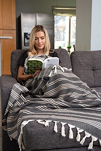 InfuseZen Turkish Throw Blanket Made from 100% Turkish Cotton, Large Lightweight Handwoven Sofa Throw, Partial Bed Cover or Loveseat Blanket (Black with Beige Stripes)