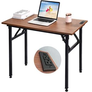 Frylr Small Folding Writing Desk with USB Ports & Power Plugs 31.5x15.7x29 Inch Small Office Computer Desks Portable for Home Office, Foldable Student Study Tables for Small Space, Walnut