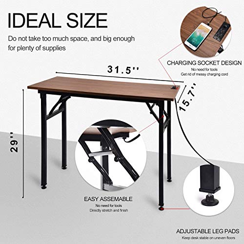 Frylr Small Folding Writing Desk with USB Ports & Power Plugs 31.5x15.7x29 Inch Small Office Computer Desks Portable for Home Office, Foldable Student Study Tables for Small Space, Walnut