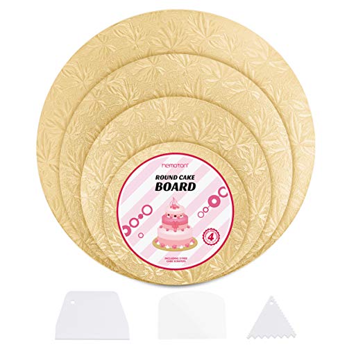 Hemoton 4Pcs Reusable Thicker Cake Boards with Embossed Foil Wrapping and 3 Scrapers for Cake Decoration Wedding Birthday Party 12" 10" 8" 6" (Gold)