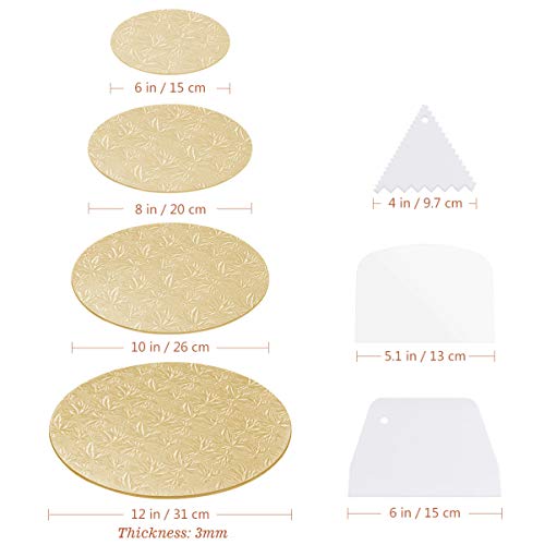 Hemoton 4Pcs Reusable Thicker Cake Boards with Embossed Foil Wrapping and 3 Scrapers for Cake Decoration Wedding Birthday Party 12" 10" 8" 6" (Gold)