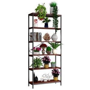 6 tier industrial bookshelf, 71" tall open bookcase, rustic wood organizer shelves on metal frame, multi-functional storage shelf rack for bedroom living room garage office basement