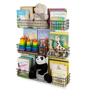 wall35 kansas wall mounted black bookshelf for kids' room decor, metal wire storage basket set of 3 (varying sizes)