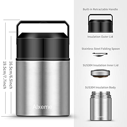 Soup Thermos Food Jar Insulated Lunch Container Bento Box for Cold Hot Food 27oz Food Flask Wide Mouth Stainless Steel Vacuum Lunch Box for Kids Adult with Spoon Flexible Handle Leak Proof – Silver