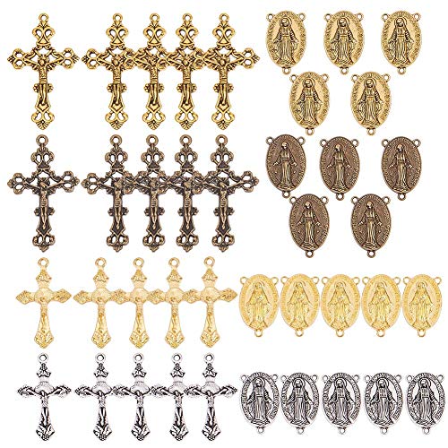 SUNNYCLUE 4 Color Tibetan Style Rosary Cross Charms and Center Miraculous Medal with Alloy Cross Pendants and Oval Chandelier Links for Easter Holidays Rosary Beads Necklace Making Amulet