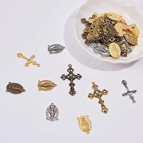 SUNNYCLUE 4 Color Tibetan Style Rosary Cross Charms and Center Miraculous Medal with Alloy Cross Pendants and Oval Chandelier Links for Easter Holidays Rosary Beads Necklace Making Amulet