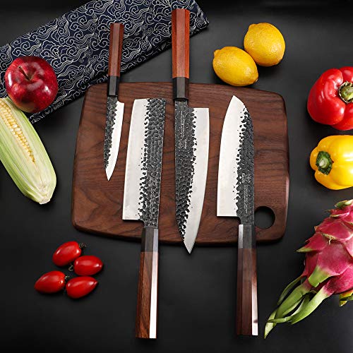 FAMCÜTE 8 Inch Japanese Gyuto Chef Knife, Hand Forged Kitchen Japanese Chef Knife, Rosewood Handle 3 Layer 9CR18MOV High Carbon Steel Blade Japanes Sushi Knife