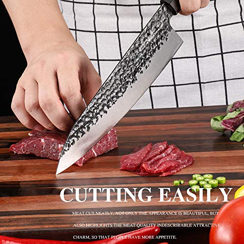 FAMCÜTE 8 Inch Japanese Gyuto Chef Knife, Hand Forged Kitchen Japanese Chef Knife, Rosewood Handle 3 Layer 9CR18MOV High Carbon Steel Blade Japanes Sushi Knife