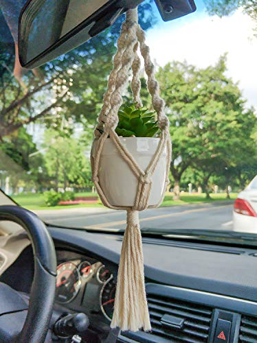 Mkono Mini Macrame Plant Car Accessories Rear View Mirrior Charm Cute Hanging Rearview Car Decor Boho Hanger with Artificial Succulent Plants Gifts for Plant Lover Set of 2, White