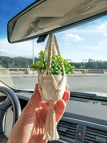 Mkono Mini Macrame Plant Car Accessories Rear View Mirrior Charm Cute Hanging Rearview Car Decor Boho Hanger with Artificial Succulent Plants Gifts for Plant Lover Set of 2, White