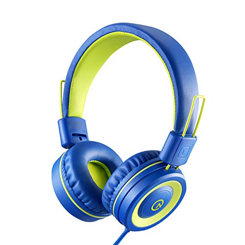 noot products Kids Headphones with Microphone K12 Stereo 5ft Long Cord with 85dB/94dB Volume Limit Wired On-Ear Headset for iPad/Amazon Kindle,Fire/Toddler/Boys/Girls/School/Travel/Plane(Blue/Lime)