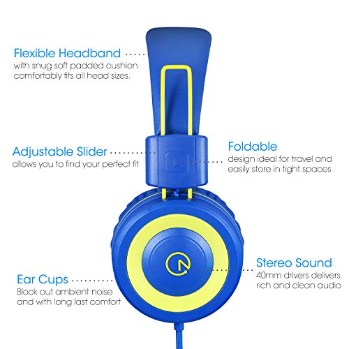 noot products Kids Headphones with Microphone K12 Stereo 5ft Long Cord with 85dB/94dB Volume Limit Wired On-Ear Headset for iPad/Amazon Kindle,Fire/Toddler/Boys/Girls/School/Travel/Plane(Blue/Lime)