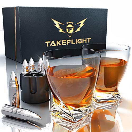 Whiskey Glasses and Whiskey Bullets - Premium Whiskey Glass Set, 2 Glasses for Scotch or Bourbon in Gift Box | Stainless Steel Whisky Stones Shaped Like Bullets | Bar Set for Man Cave (Twist Glasses)