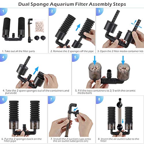 hygger Sponge Filter, Aquarium Filter Double Sponge Replaceable Media with 4 Biochemical Sponges and 1 Bag of Filtered Ceramic Balls Ultra Quiet Filter Fish Tank (S/M) (M for 15 to 55 Gallon Tank)