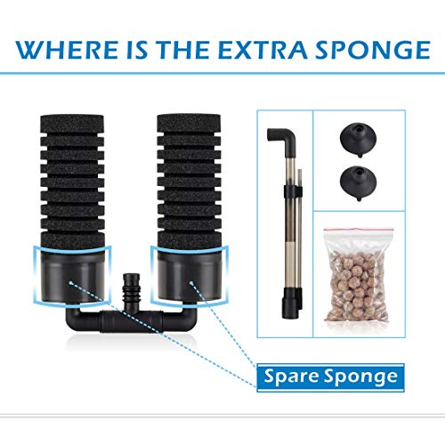 hygger Sponge Filter, Aquarium Filter Double Sponge Replaceable Media with 4 Biochemical Sponges and 1 Bag of Filtered Ceramic Balls Ultra Quiet Filter Fish Tank (S/M) (M for 15 to 55 Gallon Tank)