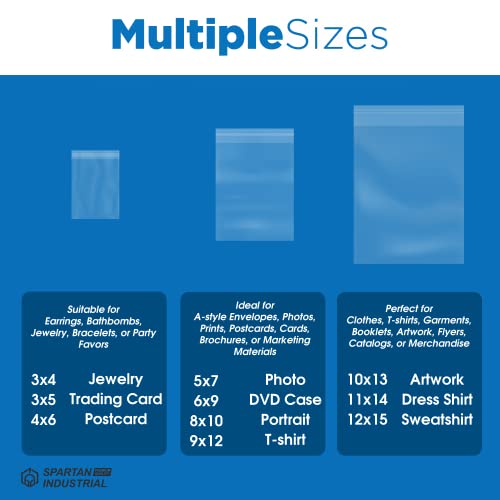 Spartan Industrial - 8" X 10" (1000 Count) Crystal Clear Resealable Polypropylene Poly Bags for Packaging, Clothing & T Shirts - Self Seal & Reinforced