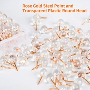 WenTao 150PCS Push Pins, Rose Gold Map Thumb Tacks, Large Size Pins Rose Gold Steel Point and Transparent Plastic Round Head for Bulletin Board, Fabric Marking, Crafts and Office Organization