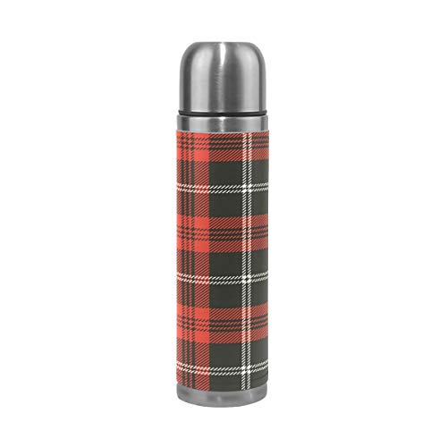 Red Black Plaid Vacuum Thermos Christmas Tartan Check Insulated Water Bottle Stainless Steel Double Wall Flask Bottles, Sports Coffee Travel Mug Cup Genuine Leather Cover BPA Free 17 Oz