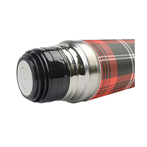 Red Black Plaid Vacuum Thermos Christmas Tartan Check Insulated Water Bottle Stainless Steel Double Wall Flask Bottles, Sports Coffee Travel Mug Cup Genuine Leather Cover BPA Free 17 Oz