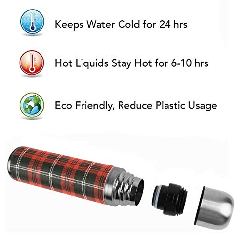 Red Black Plaid Vacuum Thermos Christmas Tartan Check Insulated Water Bottle Stainless Steel Double Wall Flask Bottles, Sports Coffee Travel Mug Cup Genuine Leather Cover BPA Free 17 Oz