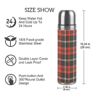 Red Black Plaid Vacuum Thermos Christmas Tartan Check Insulated Water Bottle Stainless Steel Double Wall Flask Bottles, Sports Coffee Travel Mug Cup Genuine Leather Cover BPA Free 17 Oz