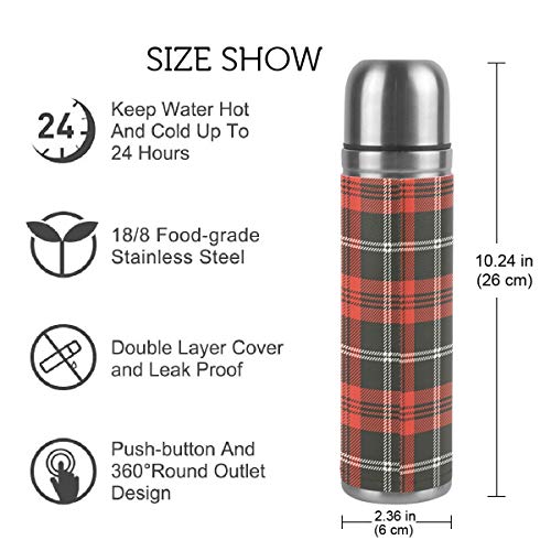 Red Black Plaid Vacuum Thermos Christmas Tartan Check Insulated Water Bottle Stainless Steel Double Wall Flask Bottles, Sports Coffee Travel Mug Cup Genuine Leather Cover BPA Free 17 Oz