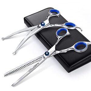 gimars 3 in 1 professional 4cr dog grooming scissors kit with safety round tip, heavy duty titanium coated straight & thinning & curved shears & comb set for dog & cat grooming