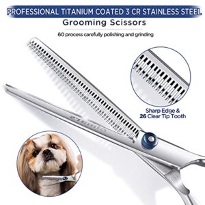 Gimars 3 in 1 Professional 4CR Dog Grooming Scissors Kit with Safety Round Tip, Heavy Duty Titanium Coated Straight & Thinning & Curved Shears & Comb Set for Dog & Cat Grooming