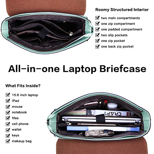 Laptop Briefcase for Women,15.6 Inch Work Tote Bag Trendy Computer Bag Business College Satchel Purse with Professional Protection Padded Compartment for Work School Travel,Mint