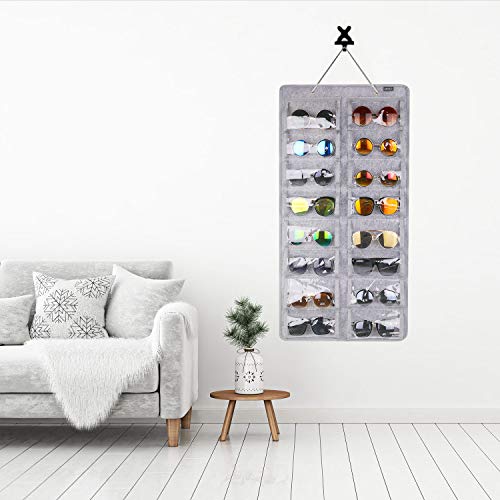 AROUY Sunglasses Organizer Storage, Hanging Dust Proof Wall Pocket Glasses Organizer - 16 Felt Slots Sunglass Organizer Holder with Metal Hook and Sturdy Rope (Gray, Dust Proof)