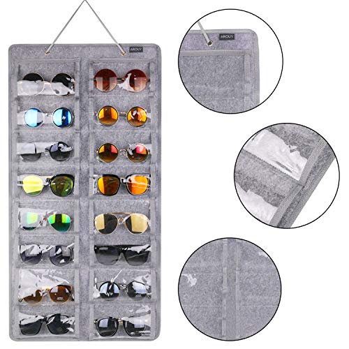 AROUY Sunglasses Organizer Storage, Hanging Dust Proof Wall Pocket Glasses Organizer - 16 Felt Slots Sunglass Organizer Holder with Metal Hook and Sturdy Rope (Gray, Dust Proof)