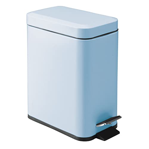 mDesign Small Modern 1.3 Gallon Rectangle Metal Lidded Step Trash Can, Compact Garbage Bin with Removable Liner Bucket and Handle for Bathroom, Kitchen, Craft Room, Office, Garage - Matte Light Blue