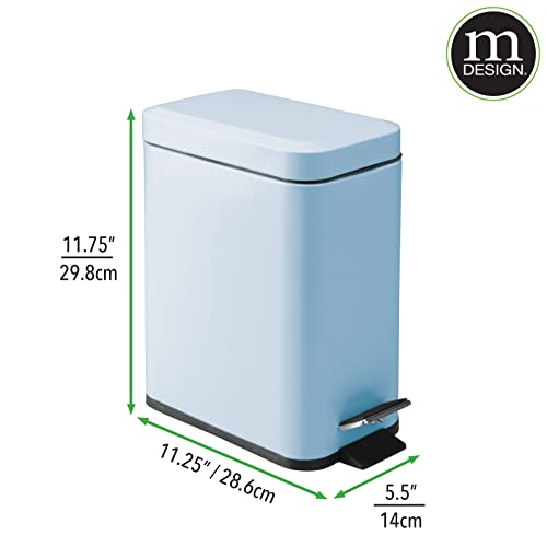 mDesign Small Modern 1.3 Gallon Rectangle Metal Lidded Step Trash Can, Compact Garbage Bin with Removable Liner Bucket and Handle for Bathroom, Kitchen, Craft Room, Office, Garage - Matte Light Blue