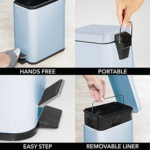 mDesign Small Modern 1.3 Gallon Rectangle Metal Lidded Step Trash Can, Compact Garbage Bin with Removable Liner Bucket and Handle for Bathroom, Kitchen, Craft Room, Office, Garage - Matte Light Blue