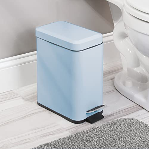 mDesign Small Modern 1.3 Gallon Rectangle Metal Lidded Step Trash Can, Compact Garbage Bin with Removable Liner Bucket and Handle for Bathroom, Kitchen, Craft Room, Office, Garage - Matte Light Blue