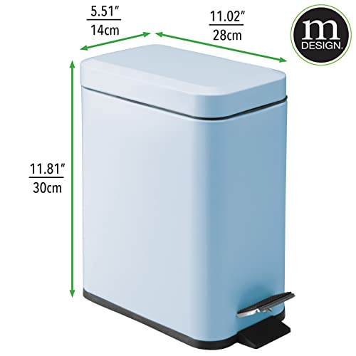 mDesign Small Modern 1.3 Gallon Rectangle Metal Lidded Step Trash Can, Compact Garbage Bin with Removable Liner Bucket and Handle for Bathroom, Kitchen, Craft Room, Office, Garage - Matte Light Blue