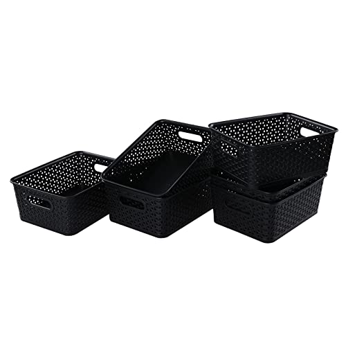 Anbers Plastic Weave Storage Baskets Bins, 6 Packs, Black