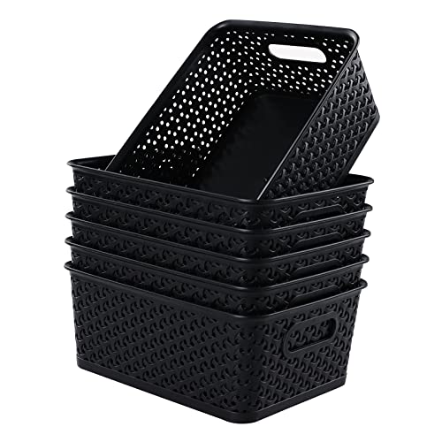 Anbers Plastic Weave Storage Baskets Bins, 6 Packs, Black