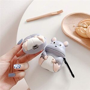 ICI-Rencontrer Compatible with Earbuds Case Airpods 1 & 2, Kids Girls Women 3D Cute Vivid Distinctive Grey Hippo Mice Animals Design Wireless Charging Earphone Soft Silicone Shockproof Protector Hook