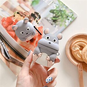 ICI-Rencontrer Compatible with Earbuds Case Airpods 1 & 2, Kids Girls Women 3D Cute Vivid Distinctive Grey Hippo Mice Animals Design Wireless Charging Earphone Soft Silicone Shockproof Protector Hook