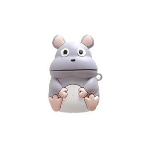 ICI-Rencontrer Compatible with Earbuds Case Airpods 1 & 2, Kids Girls Women 3D Cute Vivid Distinctive Grey Hippo Mice Animals Design Wireless Charging Earphone Soft Silicone Shockproof Protector Hook