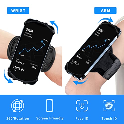 HLOMOM Wristband Phone Holder for Running, 360°Rotation & Detachable Sports Armband with Key Holder for iPhone 14/13/12/Pro/Pro Max/XS/XR/X/8/7/6/Plus, Samsung Galaxy, Fits 4''-6.5''Phone