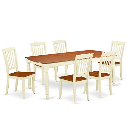 East West Furniture DODA7-BMK-W 7PC Rectangular 60/78 inch Table with 18 in Leaf and 6 Vertical slatted Chairs