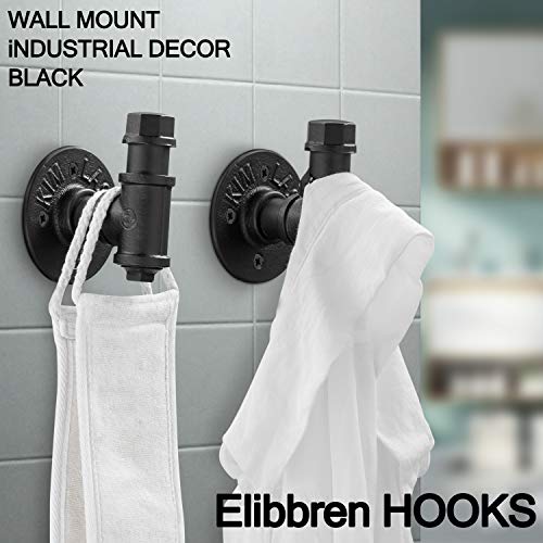 Elibbren 3 Pack Rustic Style Industrial Iron Pipe Coat Towel Holder Wall Hook for Hanging, Wall Mounted Vintage Robe Clothes Hanger Heavy Duty Farmhouse,Mounting Hardware Included Black