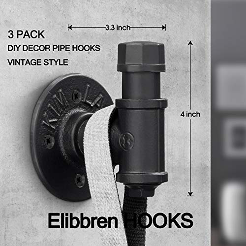 Elibbren 3 Pack Rustic Style Industrial Iron Pipe Coat Towel Holder Wall Hook for Hanging, Wall Mounted Vintage Robe Clothes Hanger Heavy Duty Farmhouse,Mounting Hardware Included Black