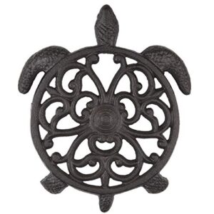 gasaré, trivet for hot dishes, pots and pans, metal trivet, sea turtle design, cast iron, rubber feet caps, ring hanger, 8 ½ x 7 inches, brown finish, 1 unit