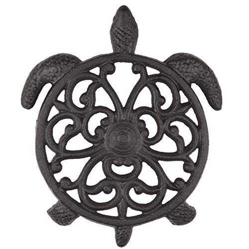 gasaré, Trivet for Hot Dishes, Pots and Pans, Metal Trivet, Sea Turtle Design, Cast Iron, Rubber Feet Caps, Ring Hanger, 8 ½ x 7 Inches, Brown Finish, 1 Unit