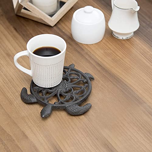 gasaré, Trivet for Hot Dishes, Pots and Pans, Metal Trivet, Sea Turtle Design, Cast Iron, Rubber Feet Caps, Ring Hanger, 8 ½ x 7 Inches, Brown Finish, 1 Unit